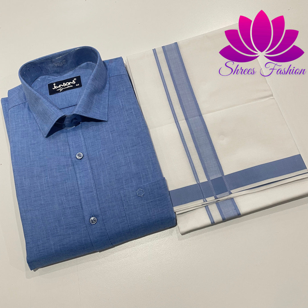 Serenity in Style: Light Blue Shirt Paired with Classic Veshti/ Dhoti ...