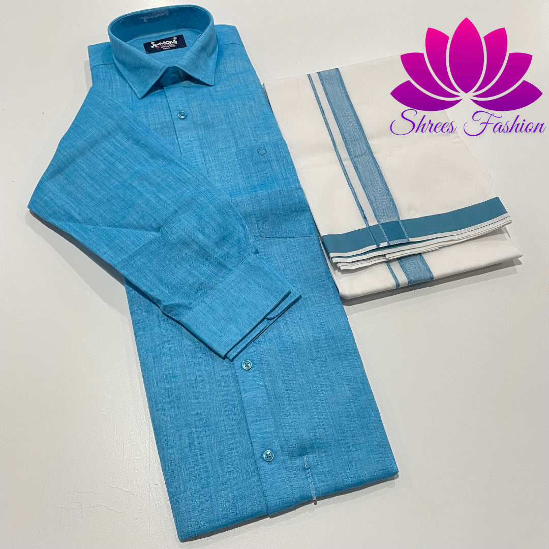 Sky Serenity: A Classic Fusion of Blue Shirt and Veshti / Dhoti Elegan ...