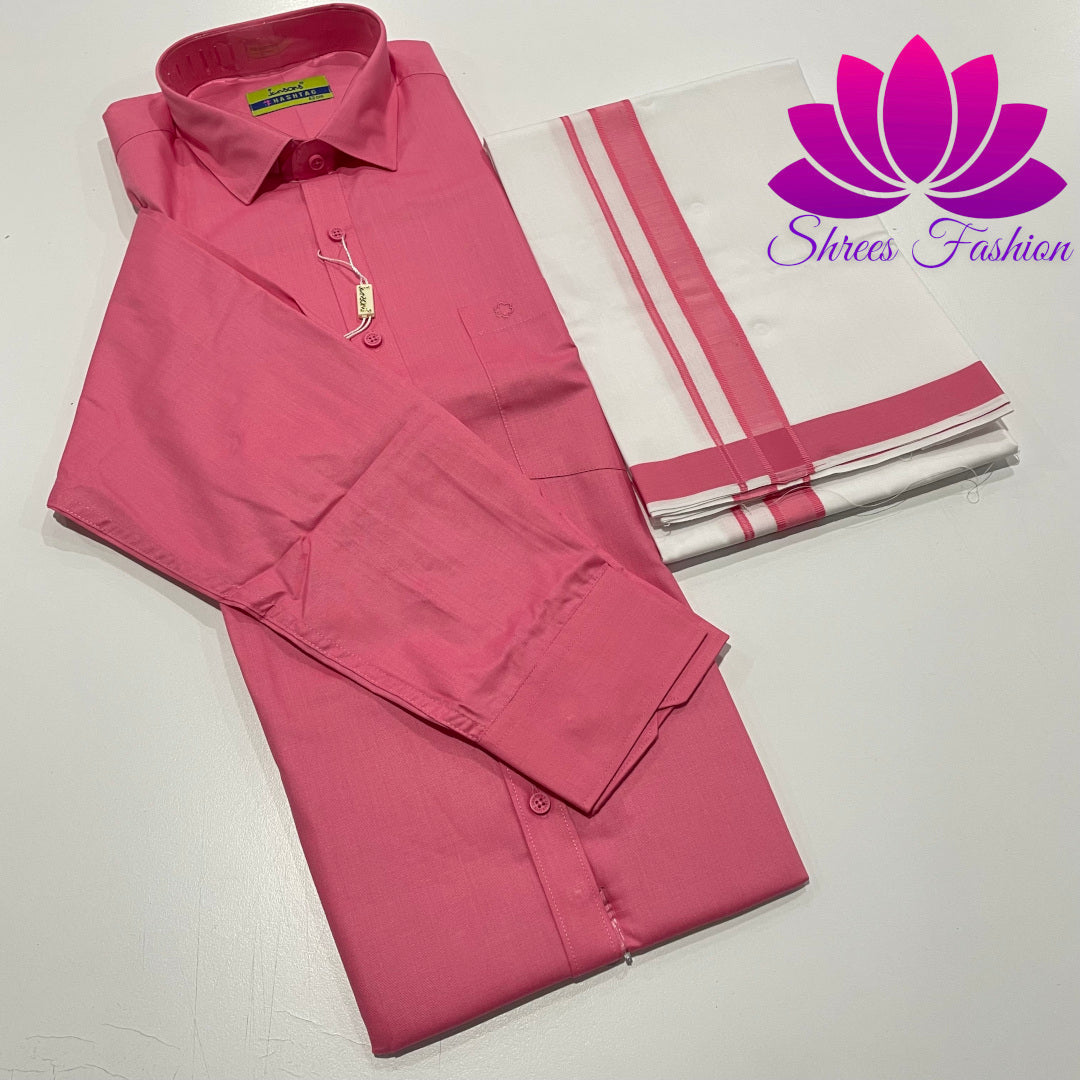 Roseate Elegance: Pink Shirt Paired with Timeless Veshti/Dhoti Ensembl ...